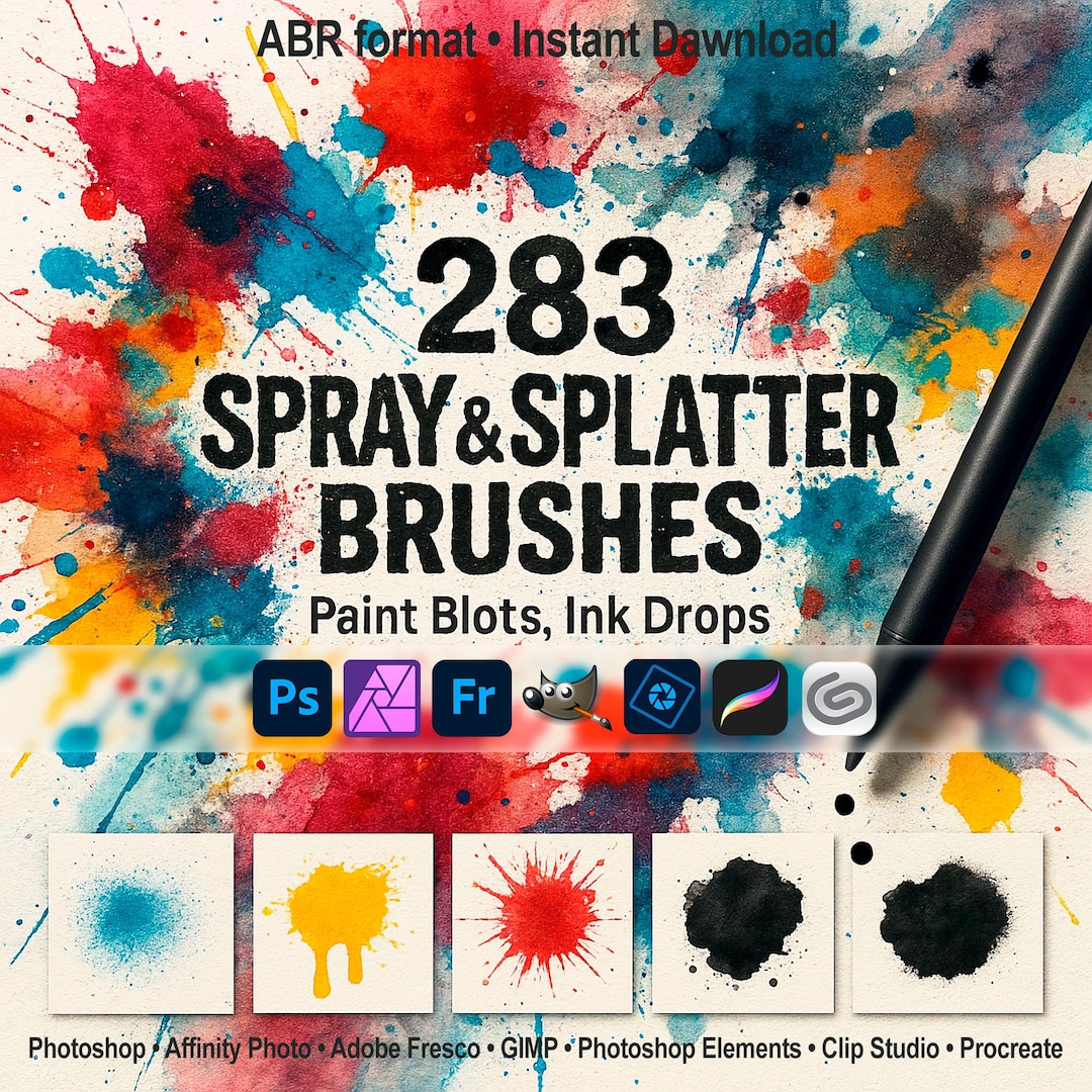 Spray & Splatter Brushes ABR | Paint Blots, Ink Drops, High-res Texture ...