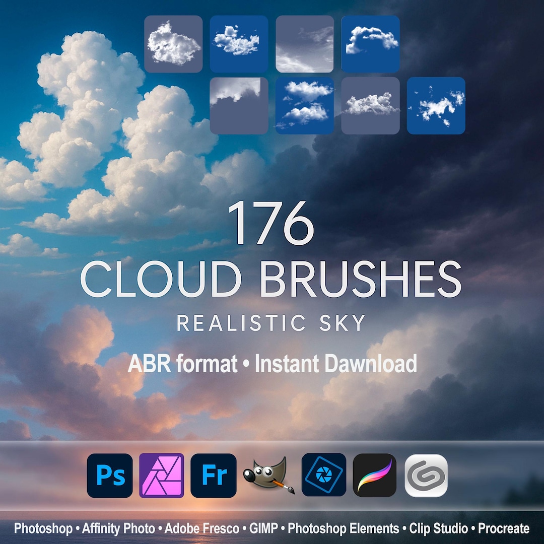 Cloud Photoshop Brushes | Realistic Sky, Digital Clouds, ABR for GIMP, Affinity, Clip Studio ...