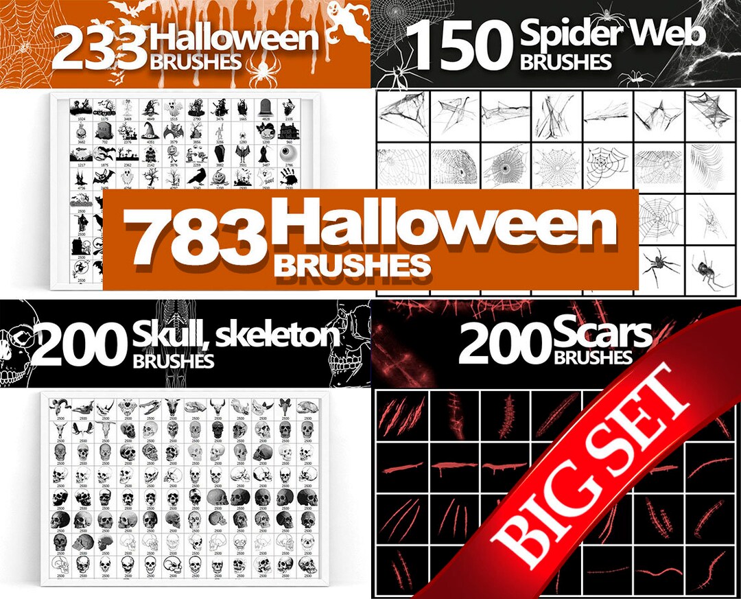 4 Sets in 1 Halloween Brushes – Horror, Skulls, Lightning & Halloween ...