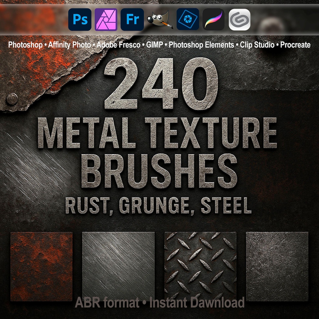 Metal Texture Brushes ABR | Rust, Grunge, Steel Overlays for Photoshop ...