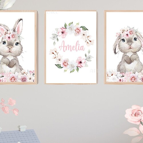 Set of 3 Floral Bunny Prints Personalised Name Little Girls - Etsy