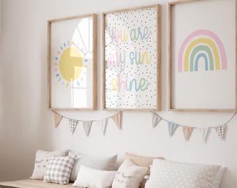 Pastel You Are My Sunshine Set of 3 Nursery Art Prints, Sun, Rainbow ...