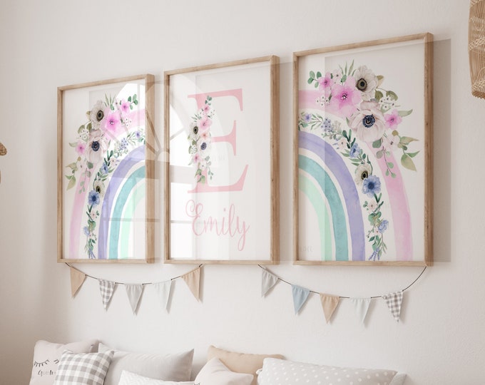 Girls Rainbow Prints, Little Girls Wall Art, Pink Nursery Art, Floral ...