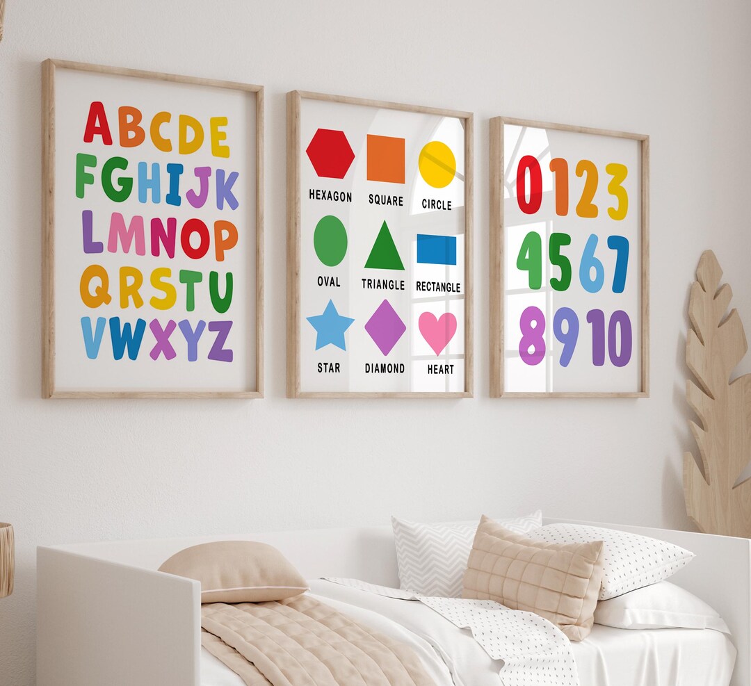 Set of 3 Learning Prints, Numbers, Alphabet & Shapes, Education Prints ...