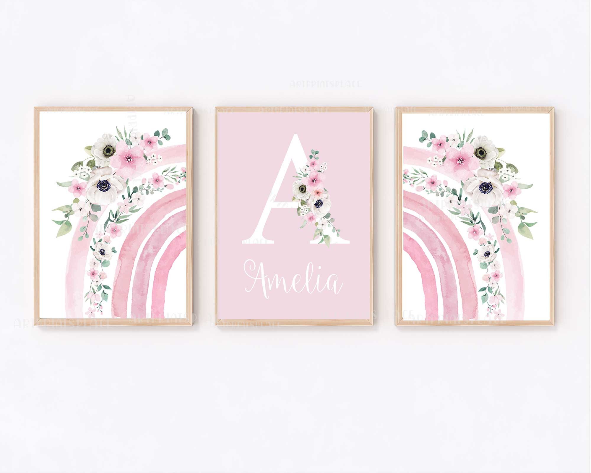 Pink Floral Rainbow Prints, Girls Wall Art, Pink Nursery Art, Floral ...