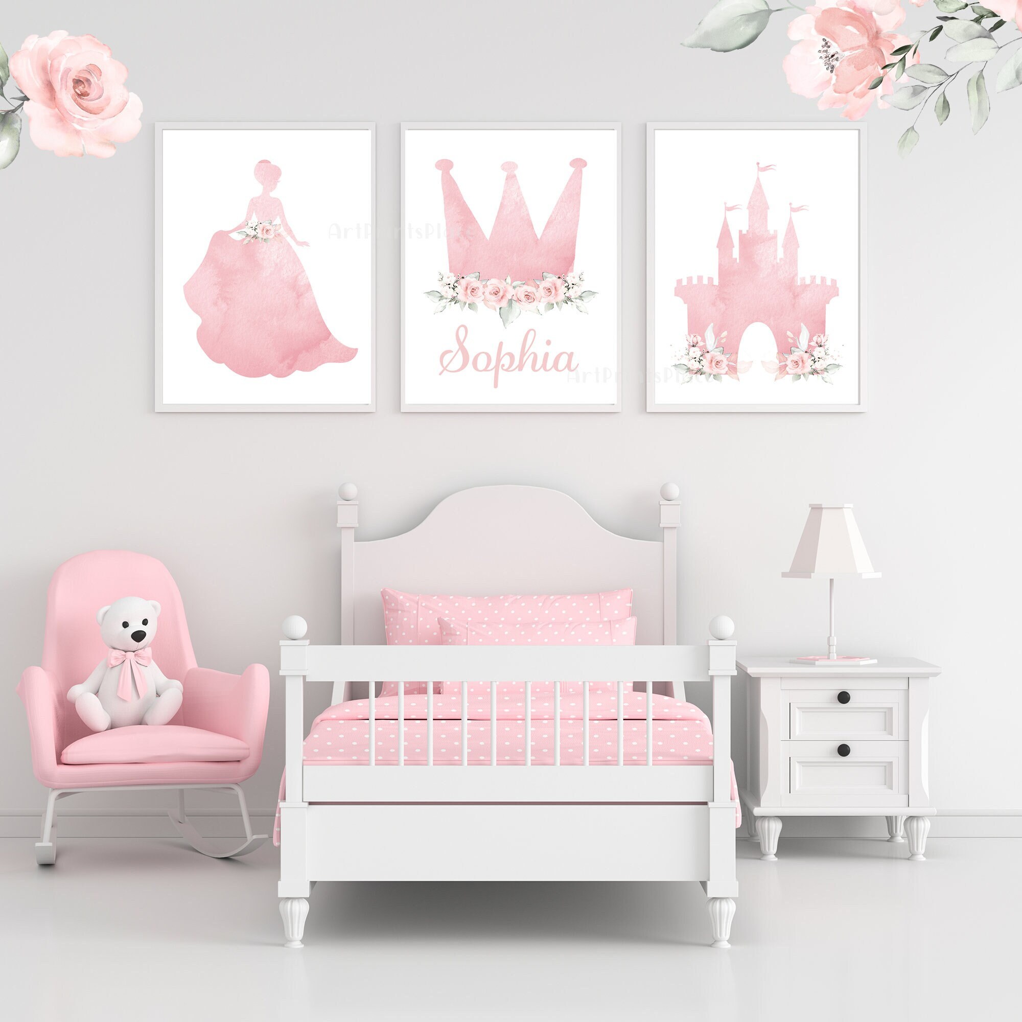Set of 3 Princess Prints Little Girls Bedroom Wall Art Pink | Etsy