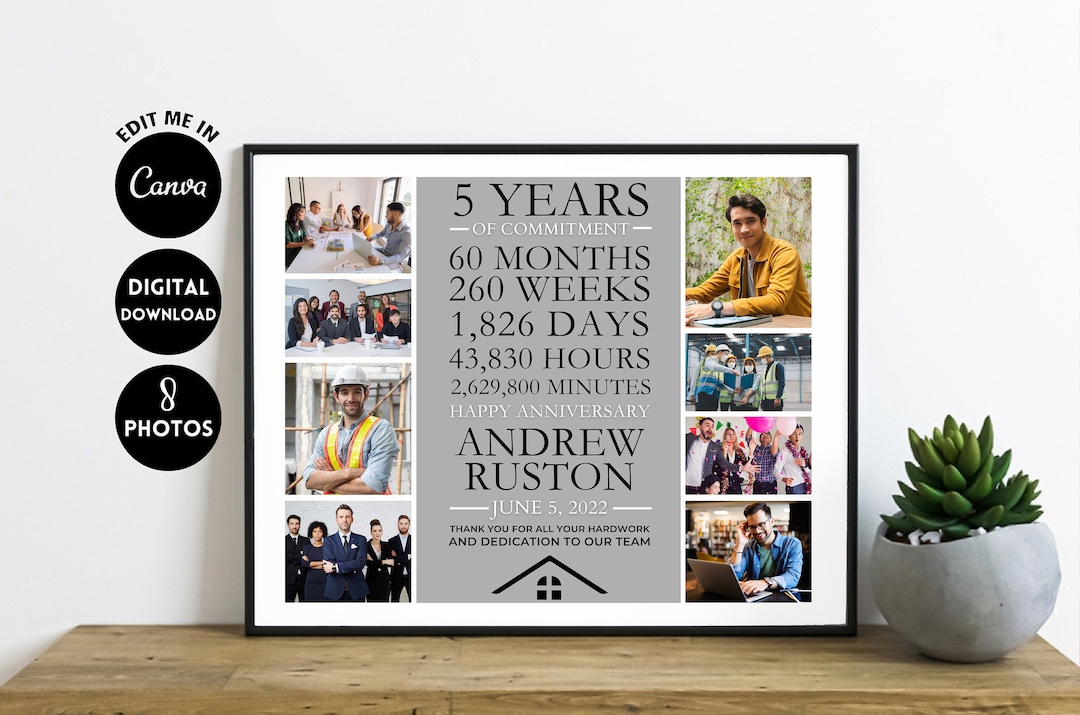 EDITABLE Custom 5 Year Work Anniversary Gift for Employees - Etsy