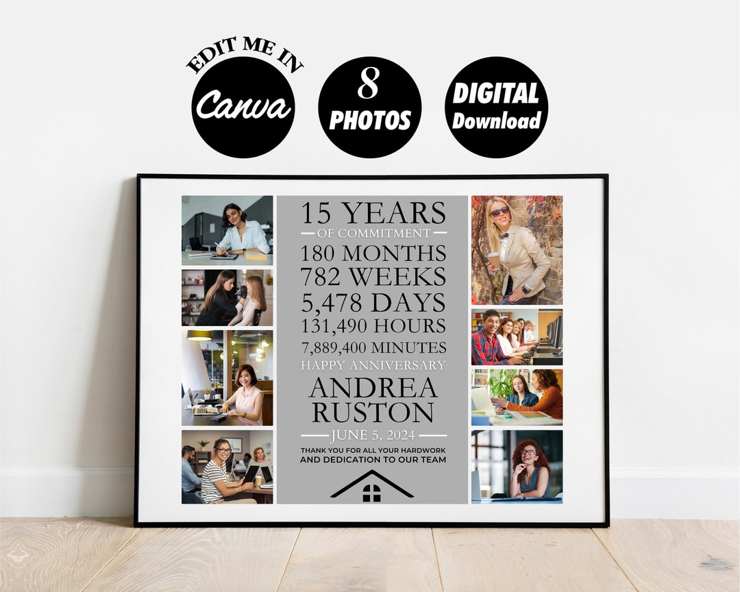 15 Years Employee Work Anniversary Photo Collage Template Gift (digital ...