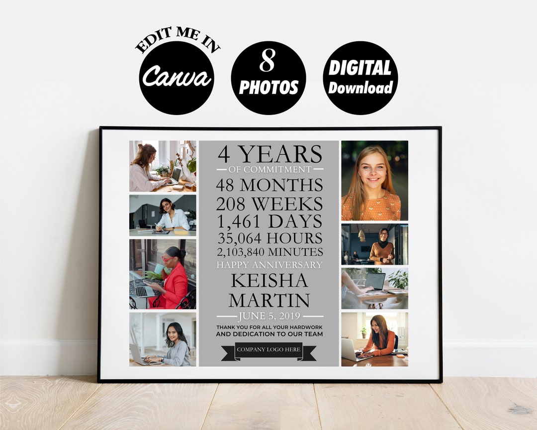 4 Years Employee Work Anniversary Photo Collage Template Gift (digital ...