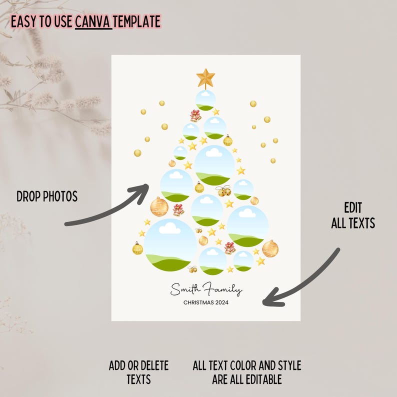 Editable Christmas Tree Photo Collage Template, Gold Aesthetic Holiday ...