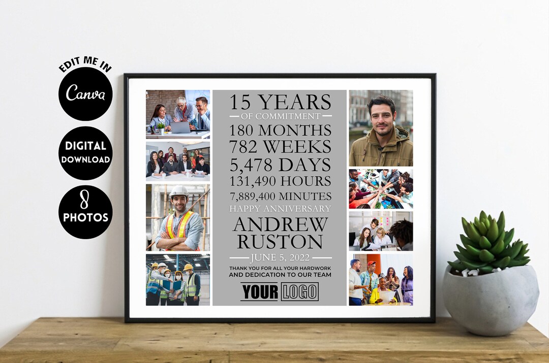 EDITABLE 15 Year Work Anniversary Gift for Employees Photo Collage ...
