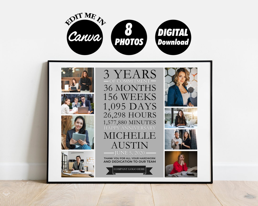 3 Years Employee Work Anniversary Photo Collage Template Gift (digital ...