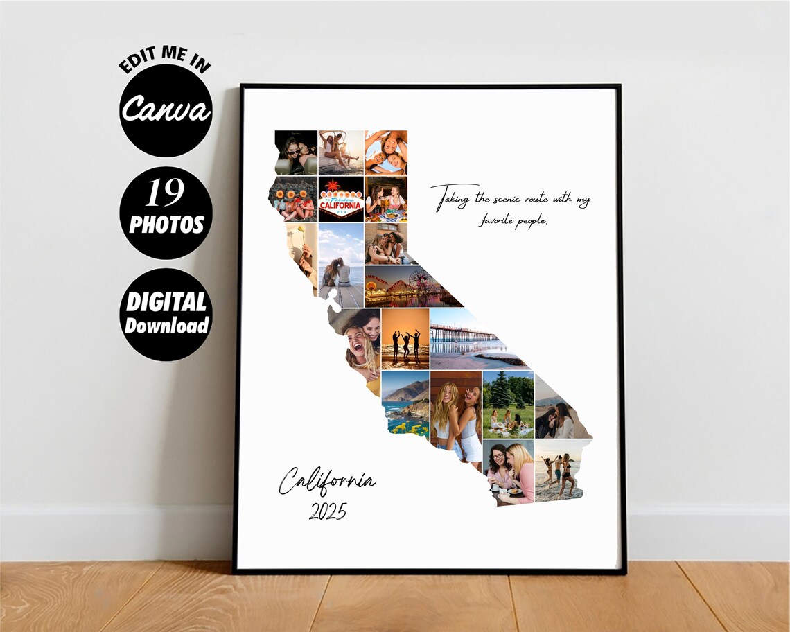 DIGITAL California Photo Collage, Cali State Map Wall Art, Usa Map ...