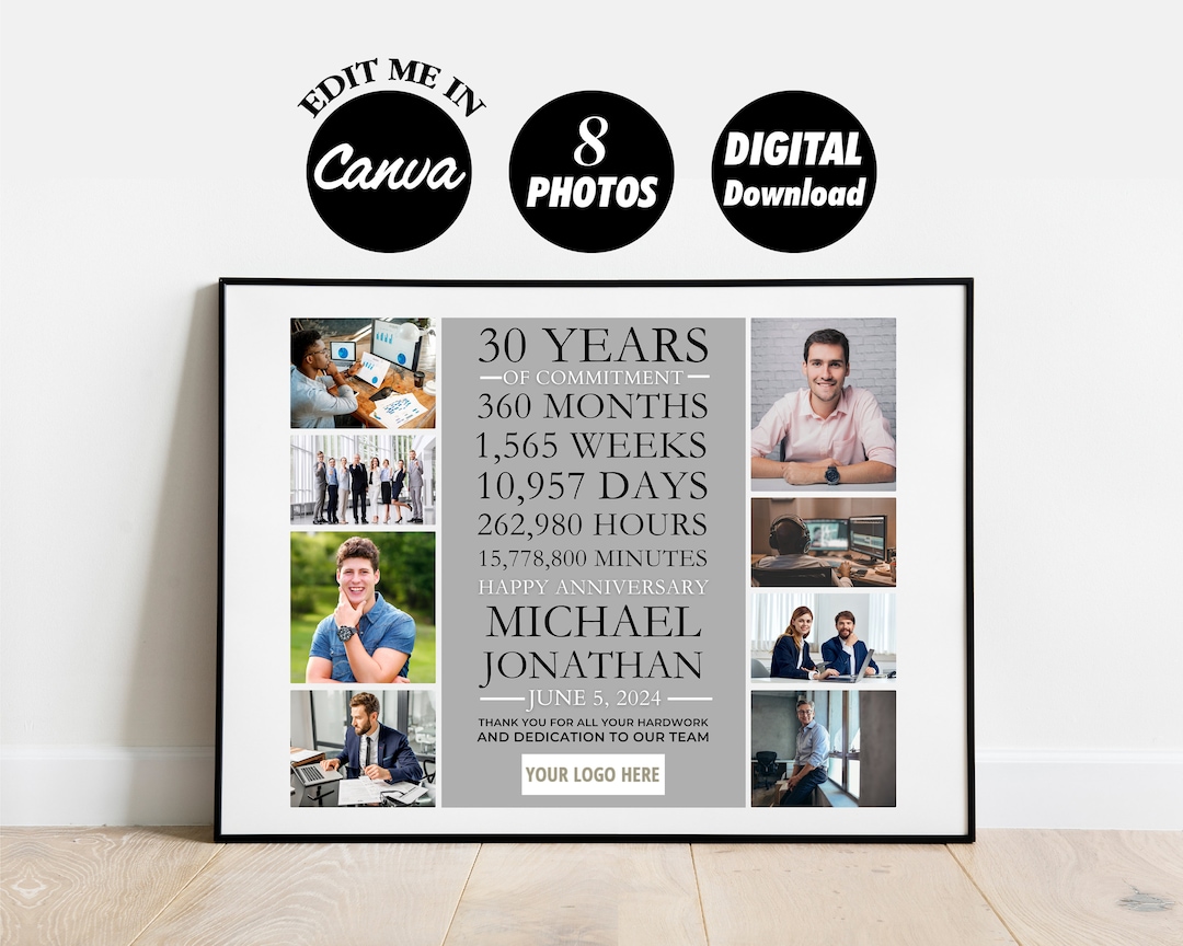 EDITABLE 30 Year Work Anniversary Gift for Employees Photo Collage ...