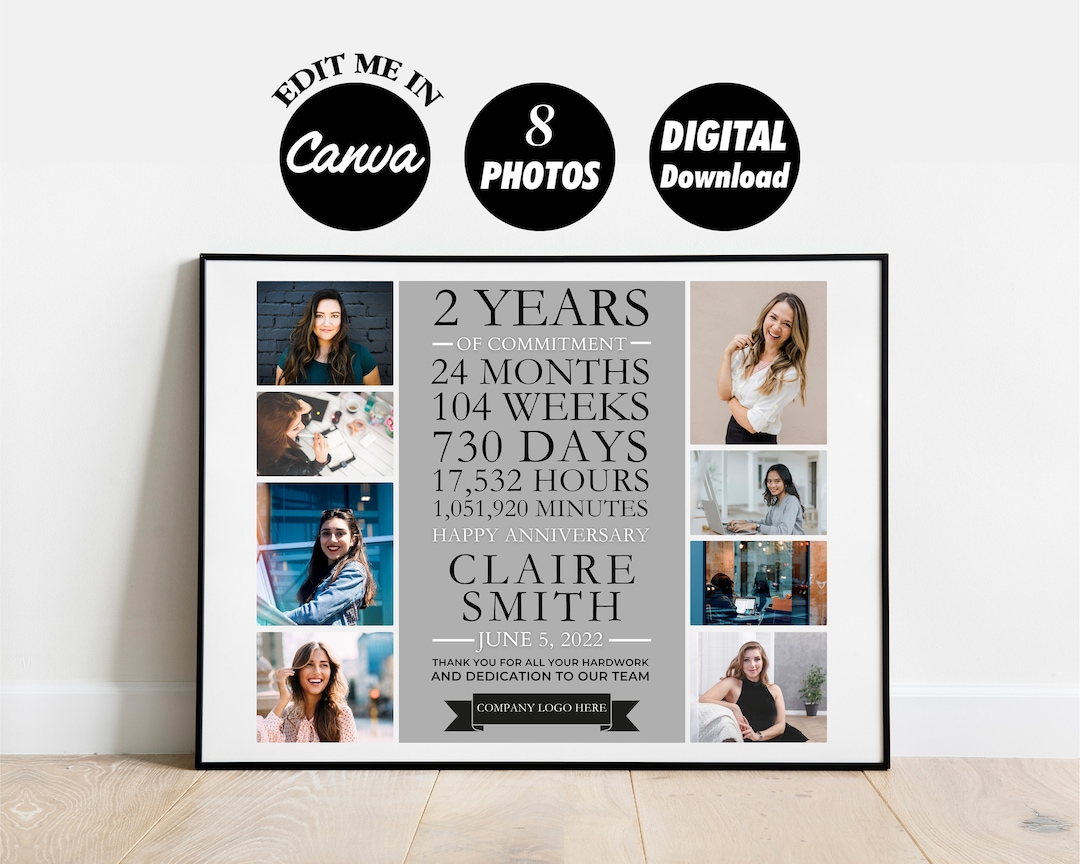 EDITABLE 2 Year Work Anniversary Gift for Employees Photo Collage ...