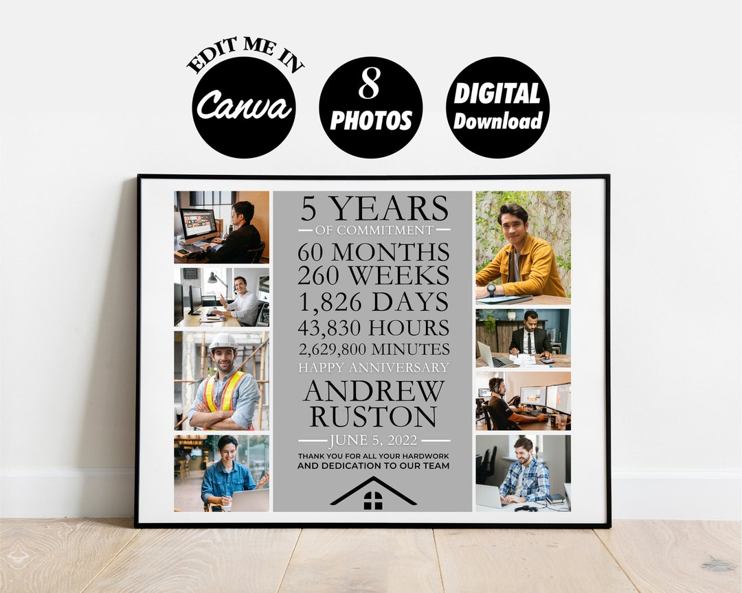 5 Years Employee Work Anniversary Photo Collage Template Gift (digital ...