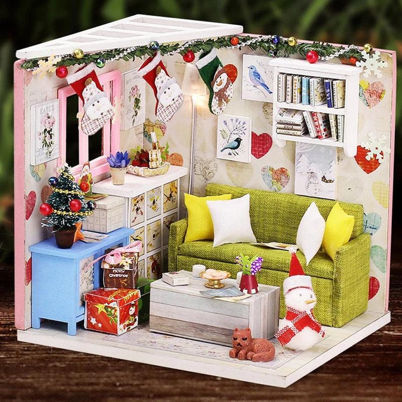 DIY 3D Model Wood Dollhouse Roombox Christmas Living Room | Etsy