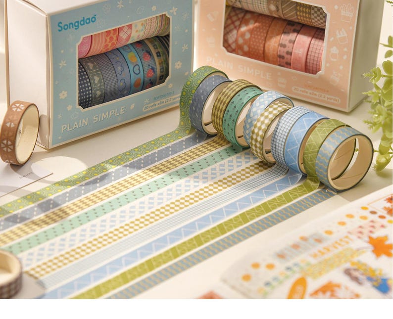 20 Rolls Simple Plaid Plant Washi Tape Set: 10mm Scrapbooking Masking ...
