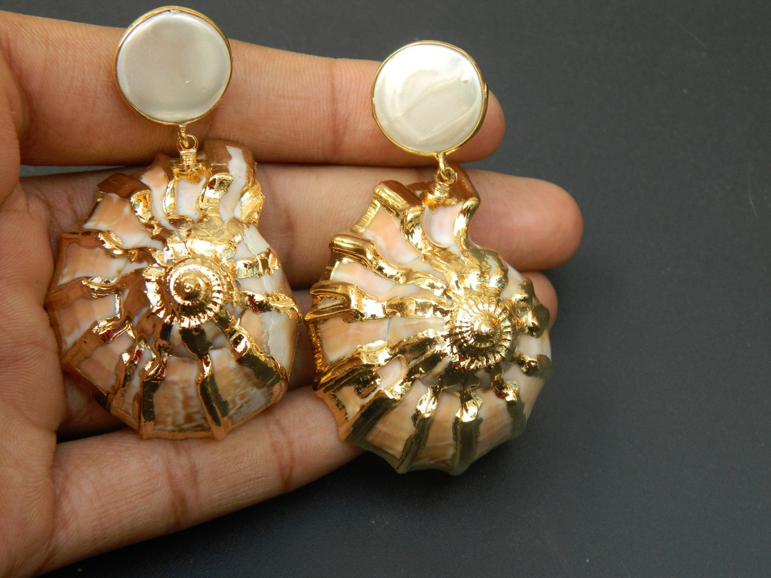 Gold Electroplated Natural Seashell Earrings, Stylish Jewelry (60mm) - Etsy