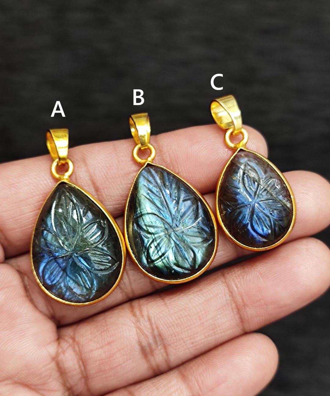 Blue Flash Labradorite Pendant, Carved Flower Gemstone - Etsy