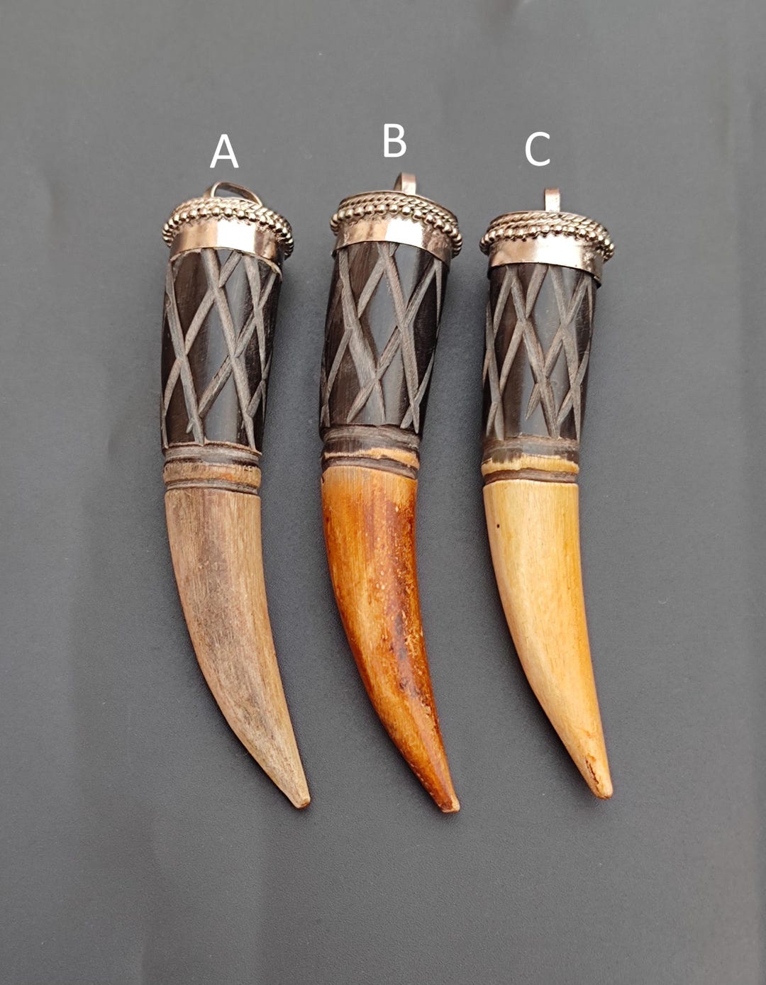 Wooden Tusk Shape Pendant Carved Wood Silver Brass Cap Pendant Handmade ...