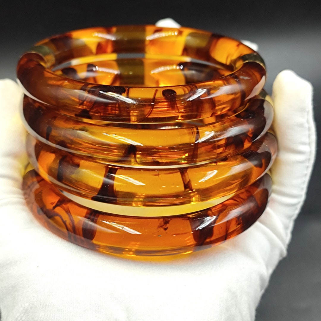 4 Pcs Set - Retro Honey Color Resin Brass Bangle Bracelet Wide Bangle ...