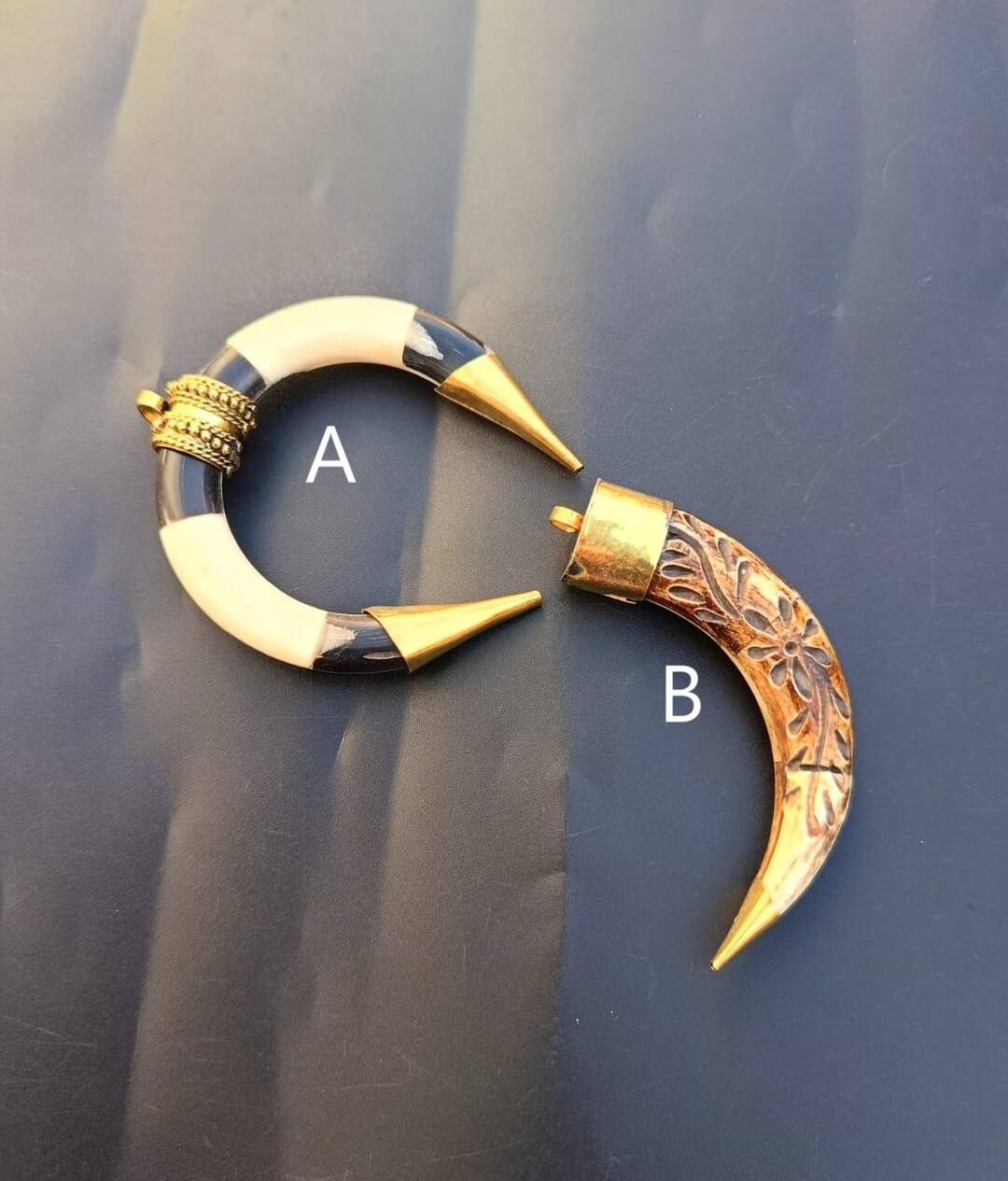 Carved Buffalo Bone Crescent Pendant, Antique Brass Detail - Etsy