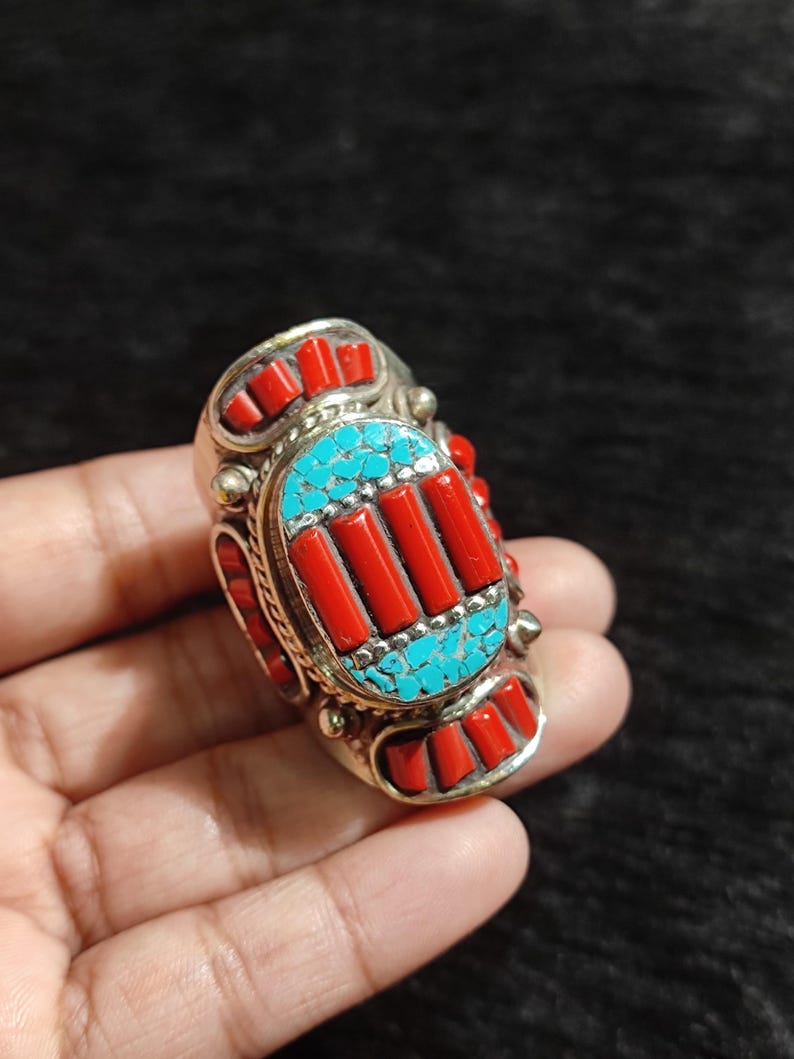 Tibetan Nepali Vintage Style Rings Turquoise,synthetic Coral Stone Long ...