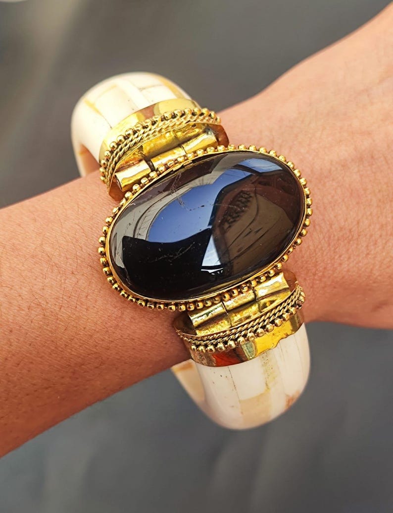 Buffalo Bone Bangle Bracelet With Black Agate, Handmade Vintage Style ...