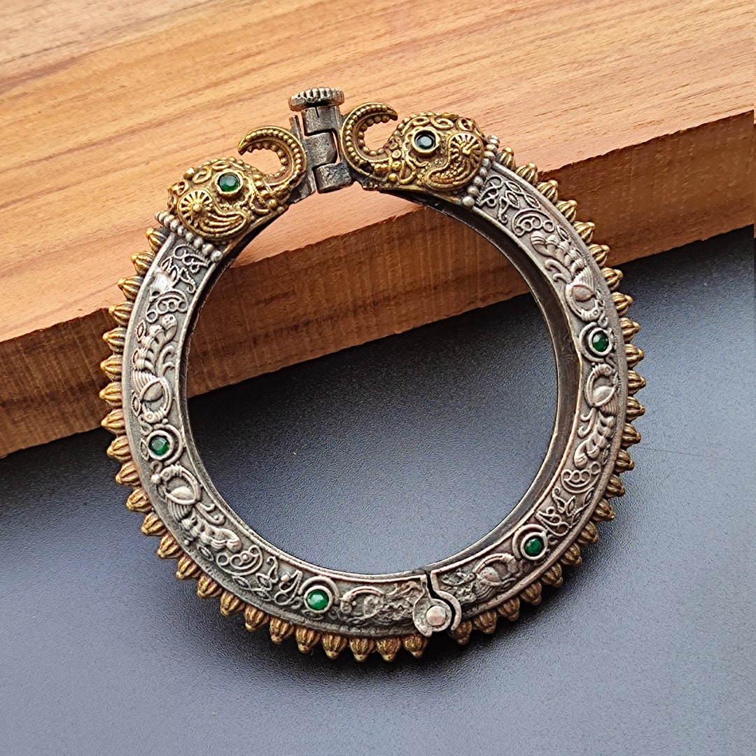 Dual Tone Elephant Brass Bangle Bracelet (kada) for Women Oxidized Openable Screw Bangle ...
