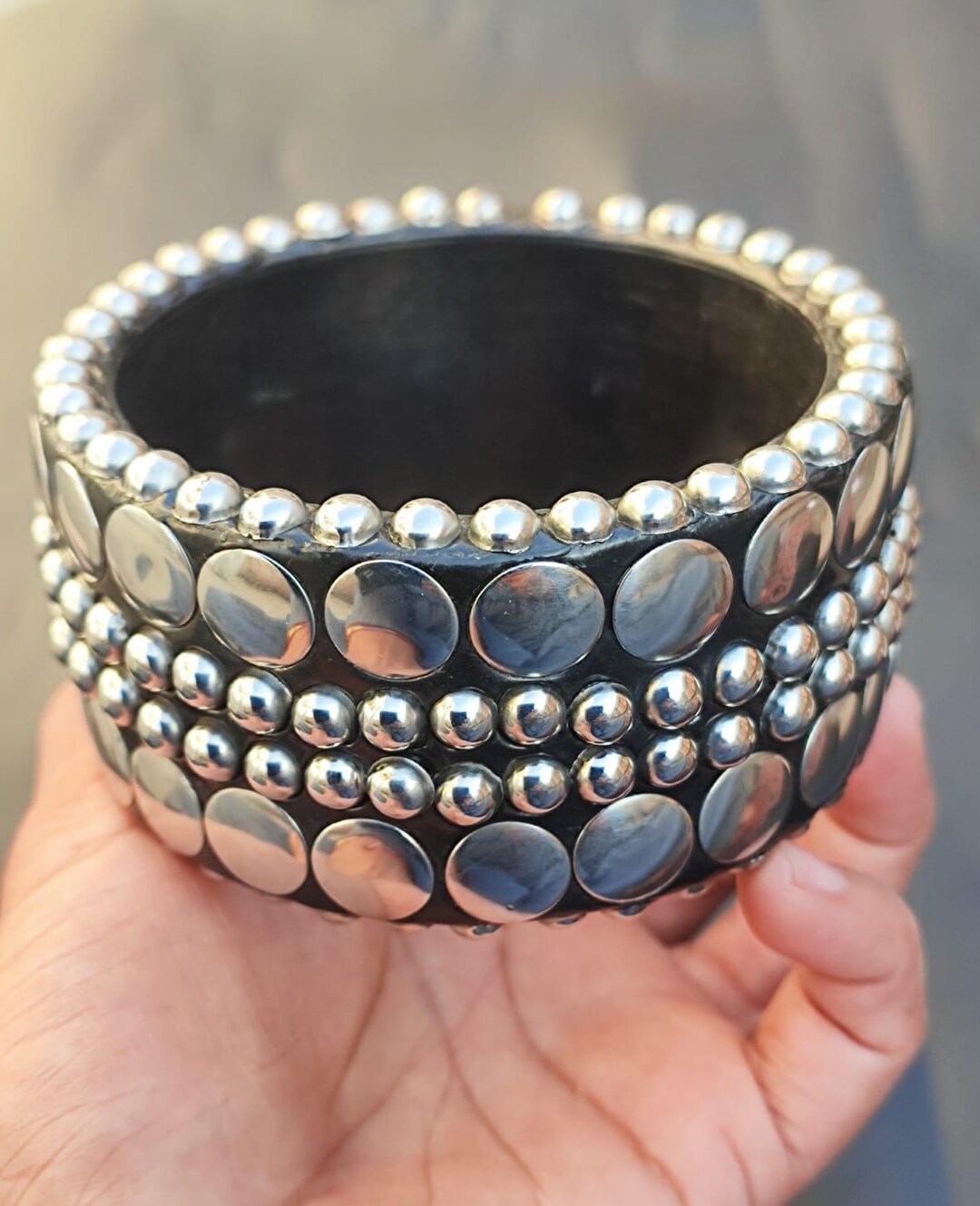 Handcrafted Wooden Bangle: Silver Dotted Brass, Boho Jewelry - Etsy