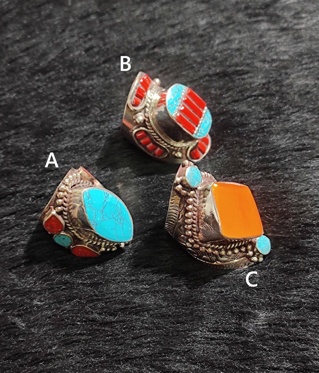 Tibetan Nepali Vintage Style Rings Turquoise,synthetic Coral Stone Long ...