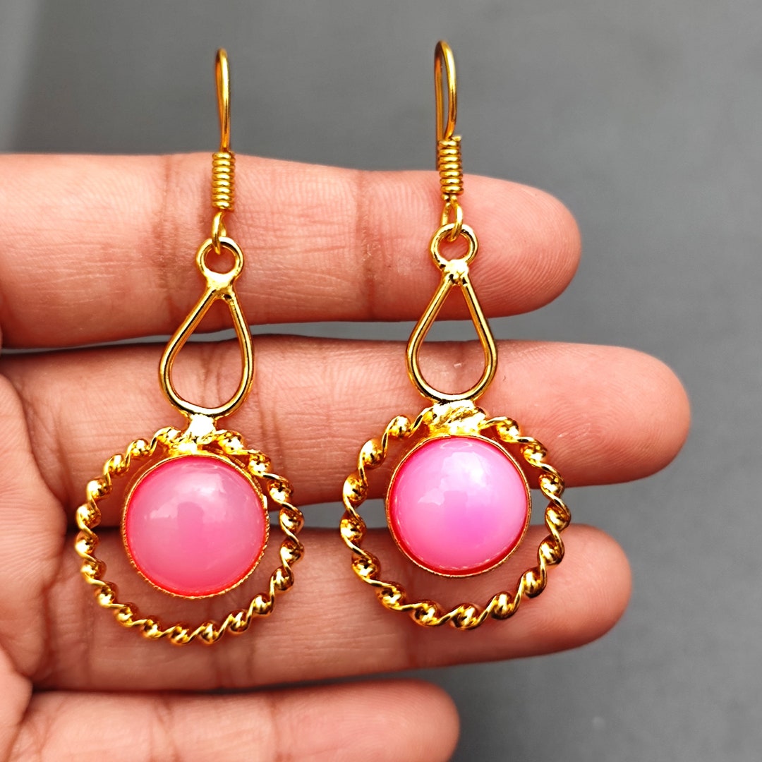 Malachite Pink & Chrysoprase Color Chalcedony Synthetic Stone Earrings ...