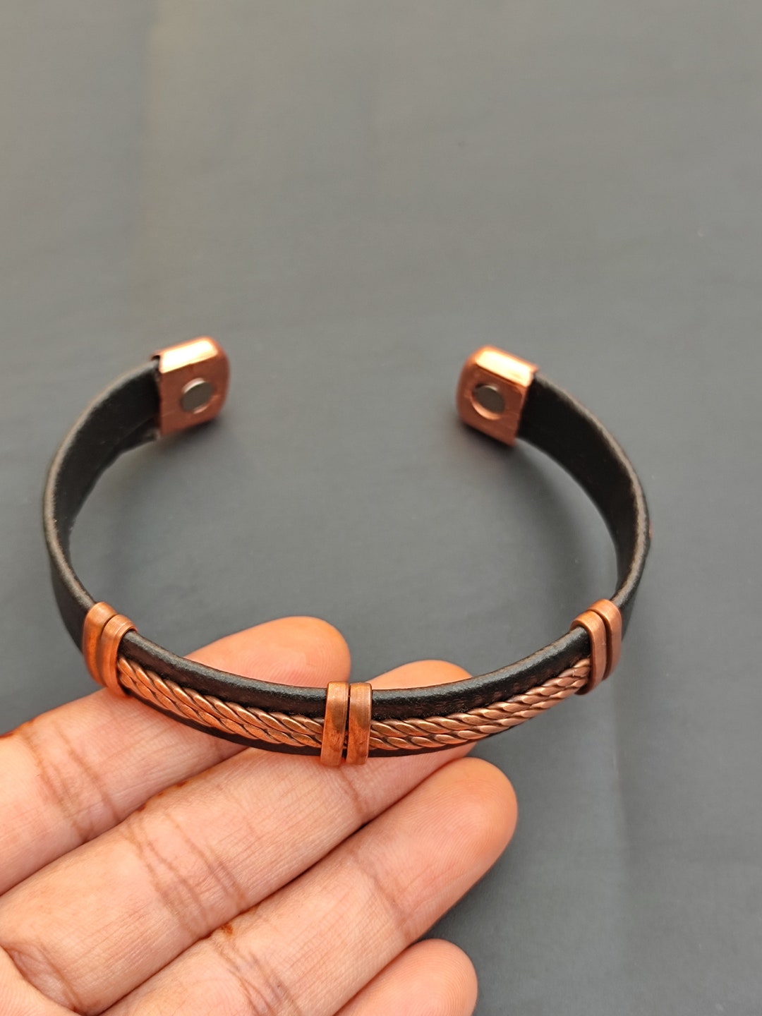 Solid Copper Leather Wrapped Magnetic Cuff Bangle Bracelet Handmade ...
