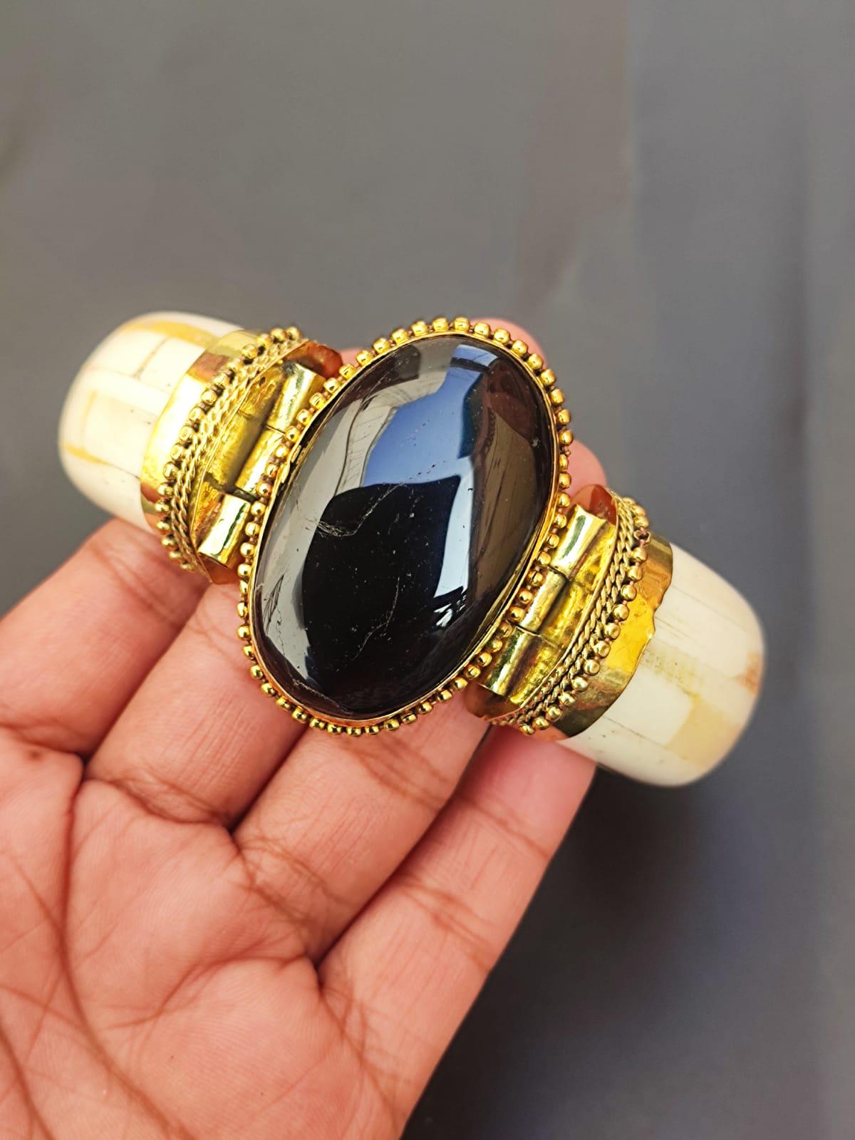Buffalo Bone Bangle Bracelet With Black Agate, Handmade Vintage Style ...