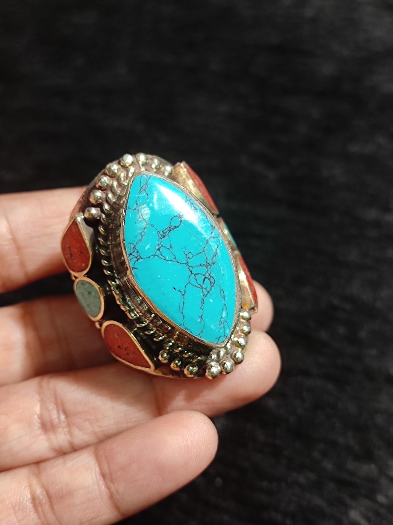 Tibetan Nepali Vintage Style Rings Turquoise,synthetic Coral Stone Long ...
