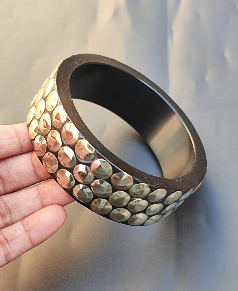 Handcrafted Wooden Bangle Bracelet With Gold Brass Dots, Boho Jewelry ...