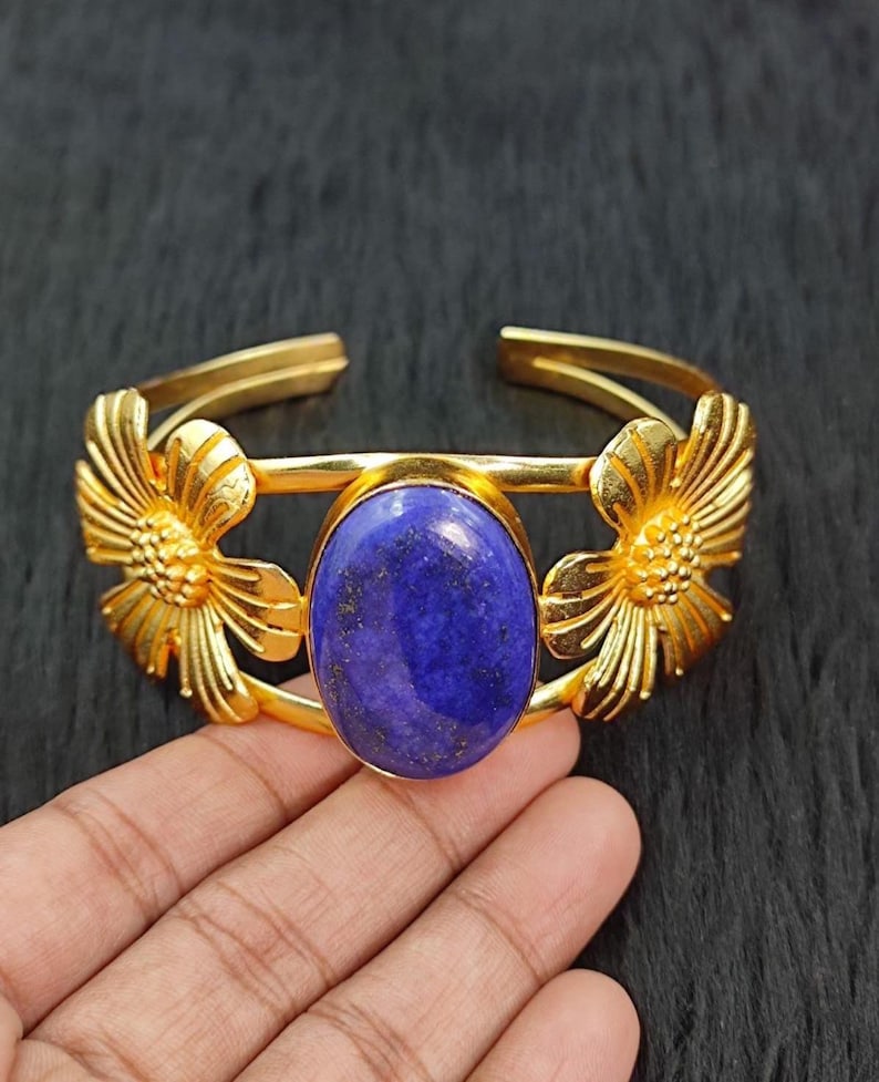 Lapis Lazuli Cuff Bangle, Gold Plated Brass, Bohemian Vintage Style - Etsy