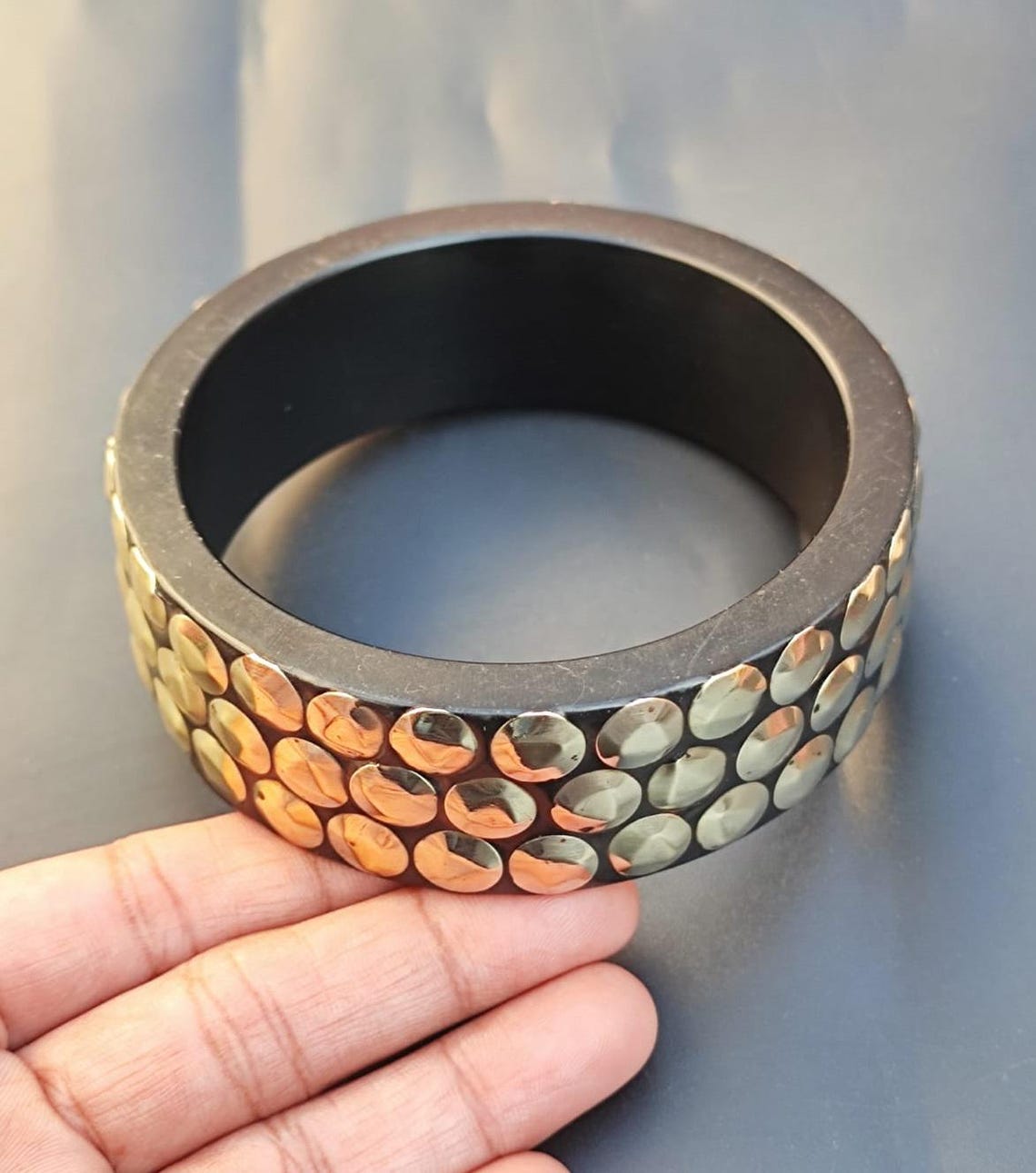 Handcrafted Wooden Bangle Bracelet With Gold Brass Dots, Boho Jewelry ...
