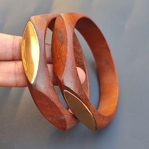 Handcrafted Wood & Brass Bangle Bracelet Set, Vintage Bohemian Jewelry ...