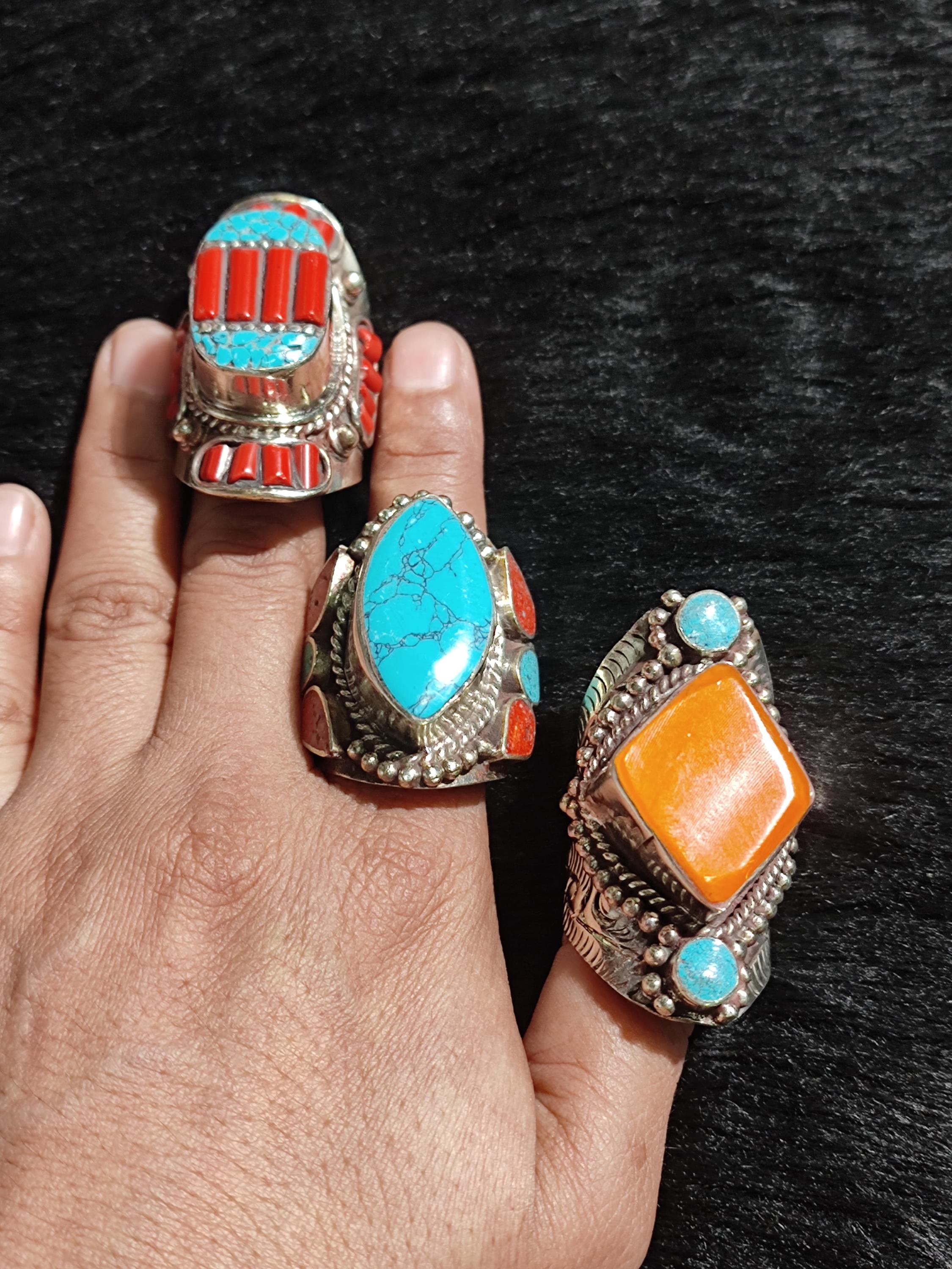 Tibetan Nepali Vintage Style Rings Turquoise,synthetic Coral Stone Long ...
