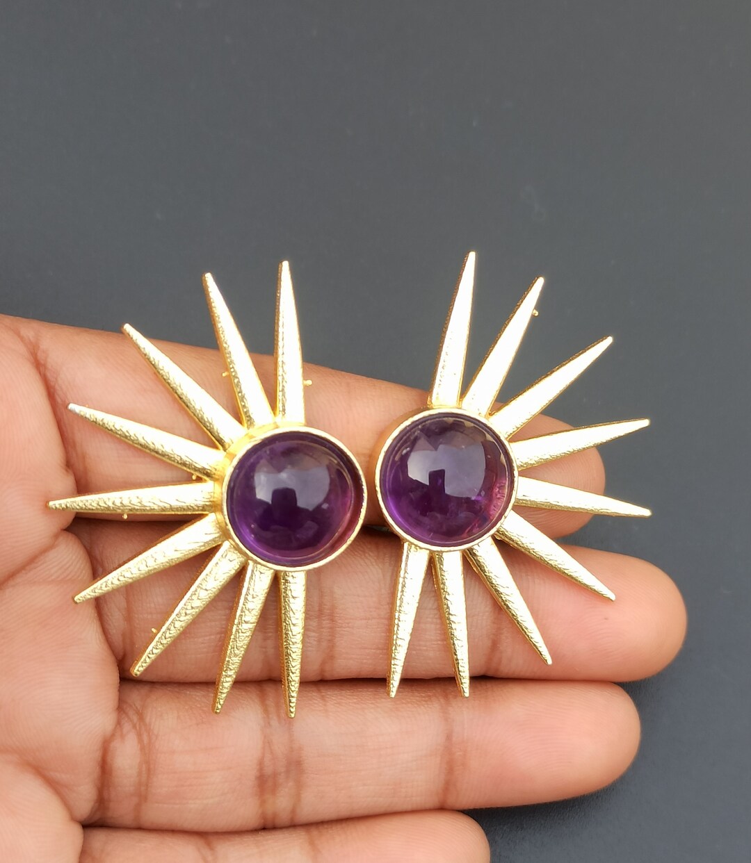 Amethyst Sunburst Stud Earrings, Gold Plated Brass, Handmade - Etsy