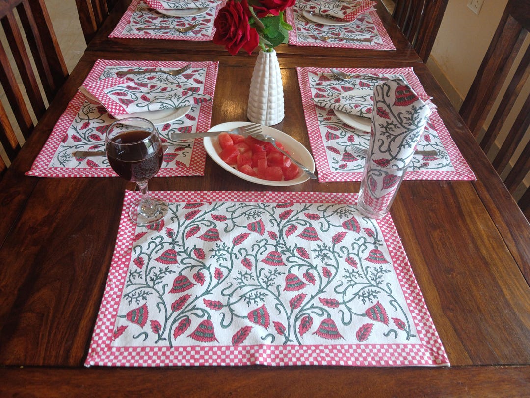 Hand Block Printed Placemat & Napkin Set: Floral Cotton Table Linens - Etsy