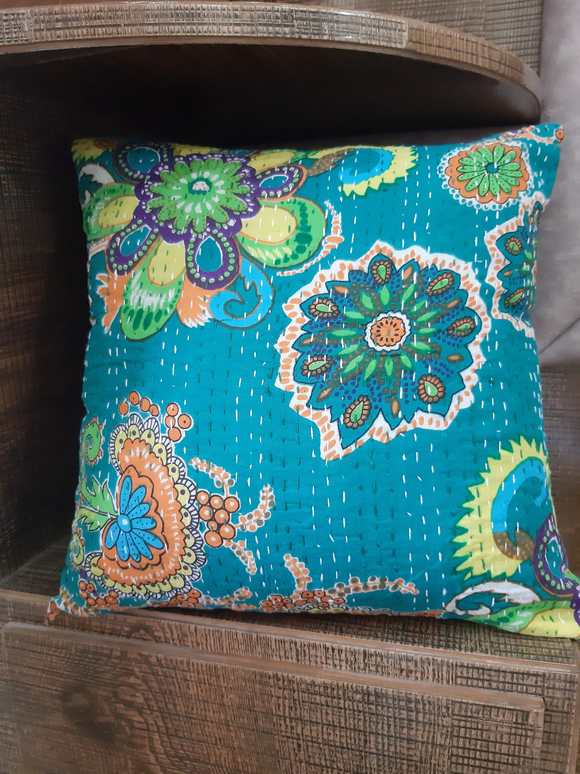 Teal Cushion Cover Set 2/turquoise Pillow Cover 16x16/teal Kantha ...