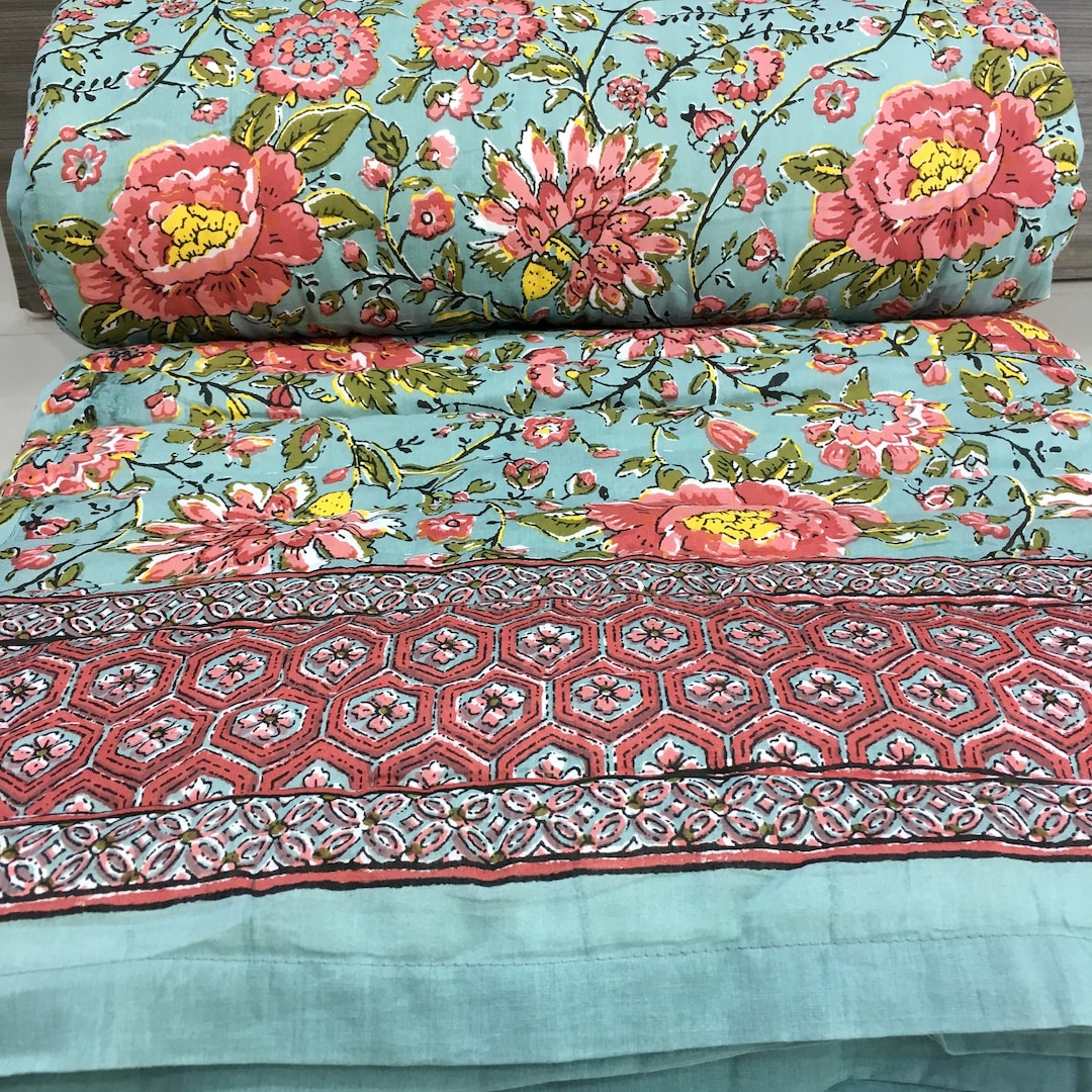 Block Print Quilt Floral Queen Size Quilt, Handmade Jaipur Quilt Rajai ...