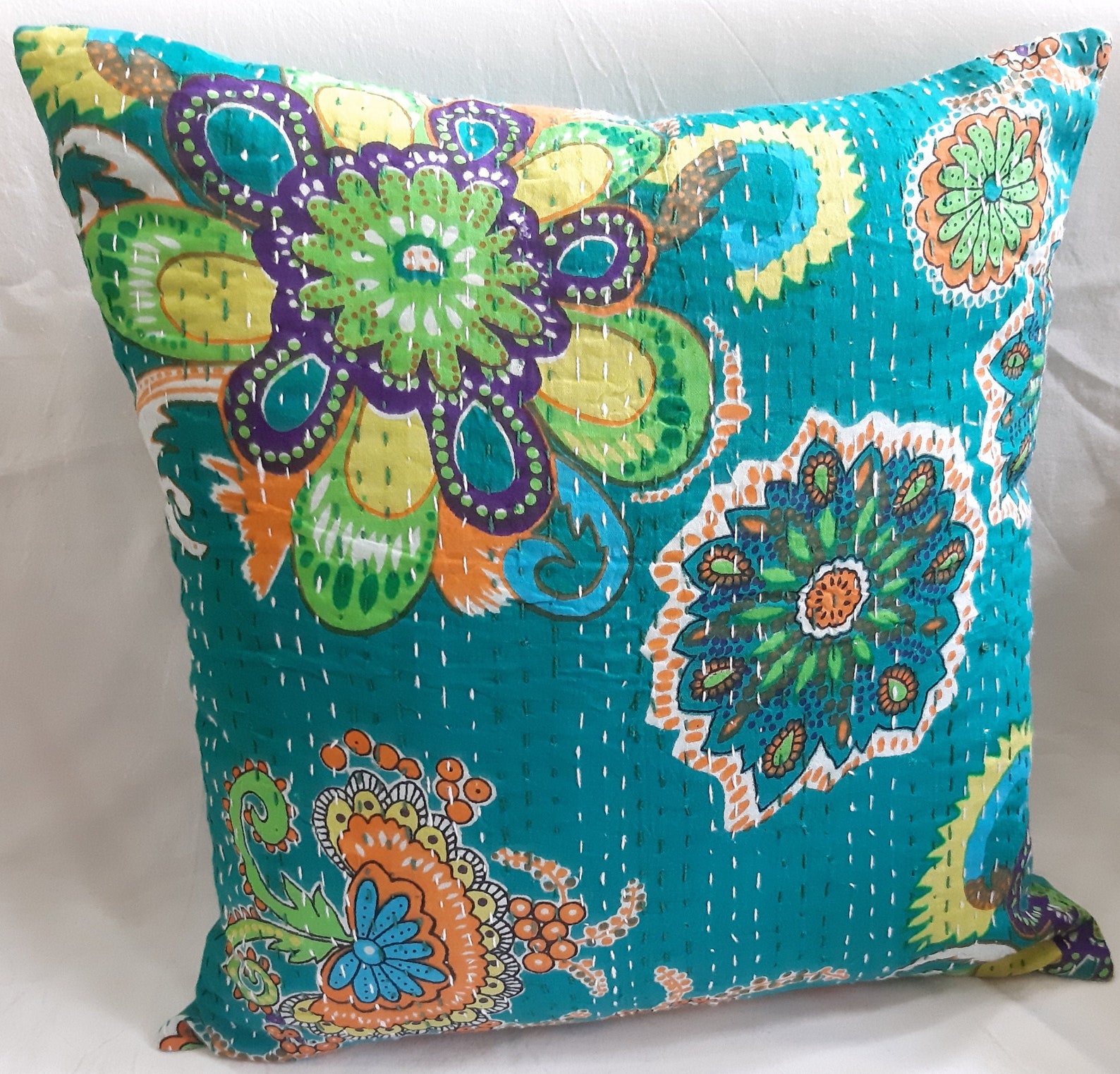 Teal Cushion Cover Set 2/turquoise Pillow Cover 16x16/teal Kantha ...