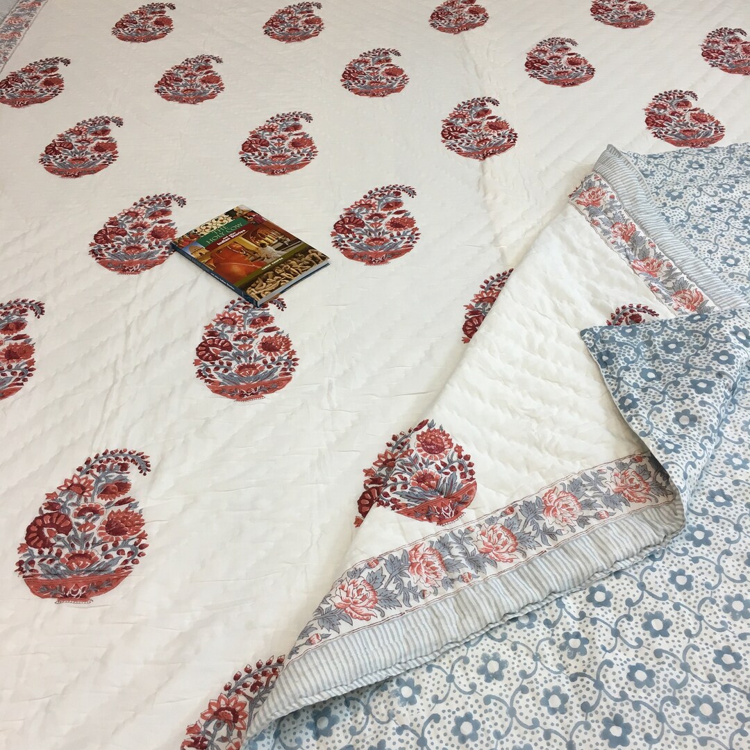 Handmade Floral Block Print Queen Quilt: Jaipur Rajai Cotton Throw, - Etsy