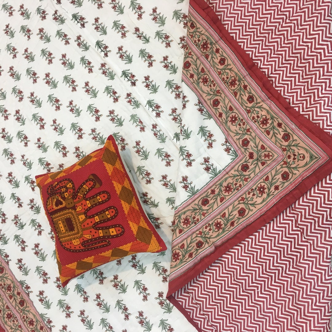Queen Size Quilt Handmade Block Print Jaipur Quilt Rajai Indian Cotton ...