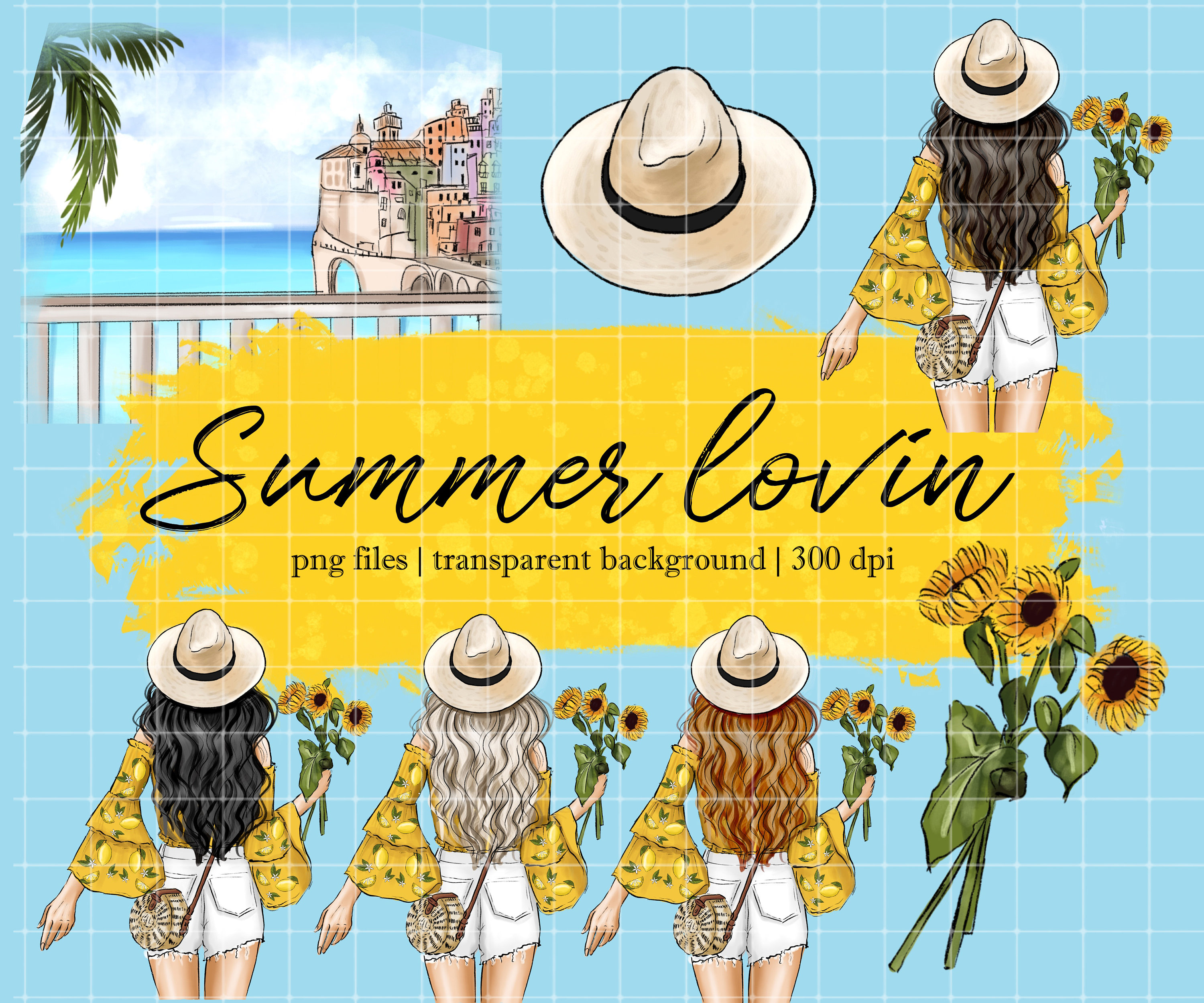 Summer Lovin Clipart, Girl With Sunflowers Clipart Set, Perfect for ...