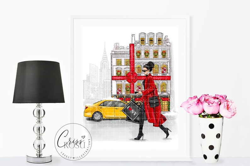 Fashion Girl in Front of a Christmas Store in New York, Fashion Art ...